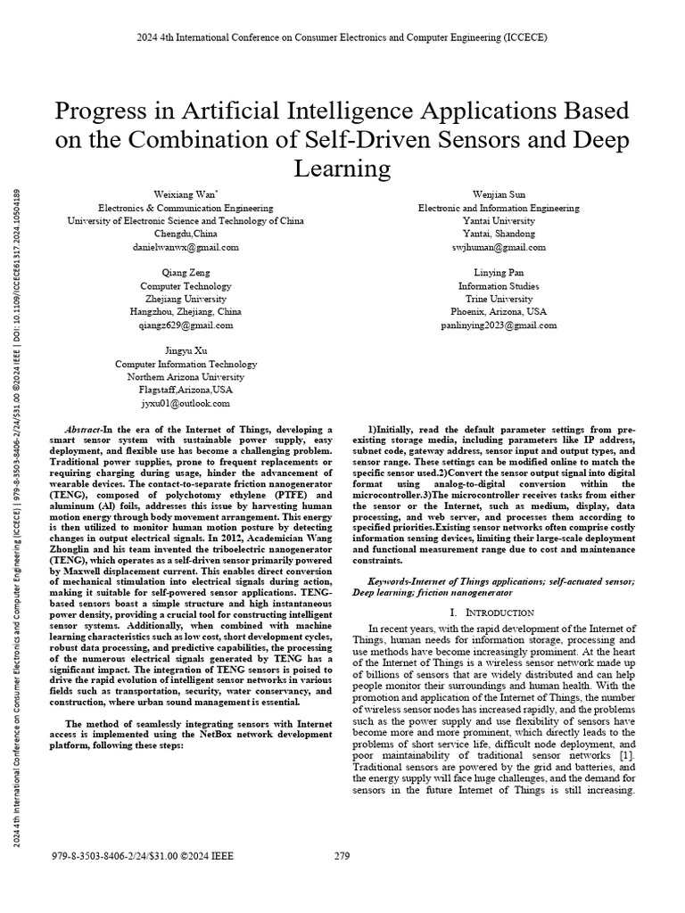 Progress in Artificial Intelligence Applications Based On The Combination of Self-Driven Sensors ...
