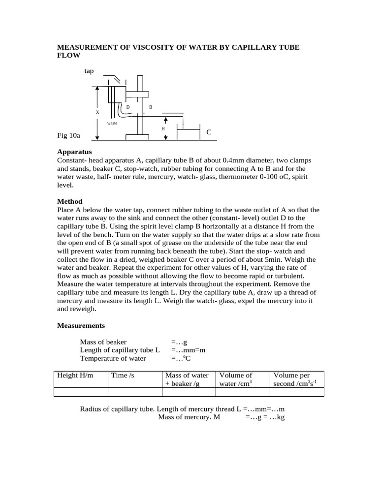 Measurement of Viscosity of Water by Capillary Tube Flow | PDF | Slope | Viscosity