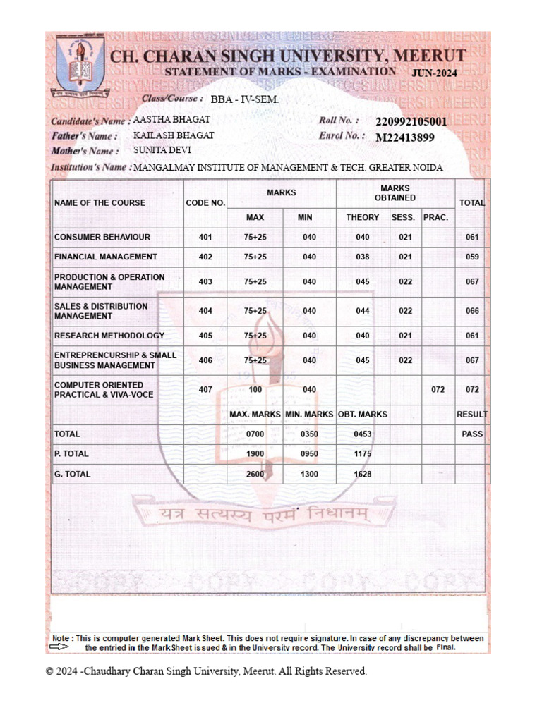 BBA IV-Sem Results Summary | PDF