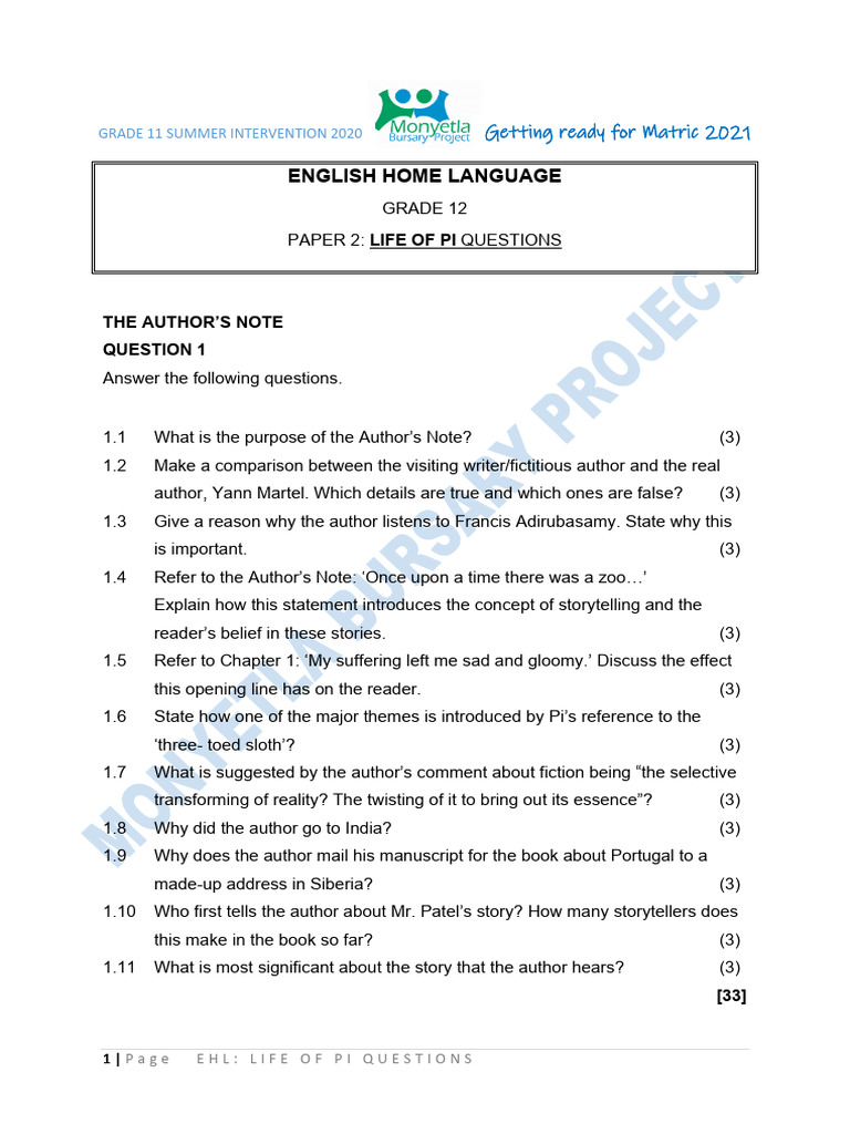 Life of Pi: Grade 12 Exam Questions | PDF