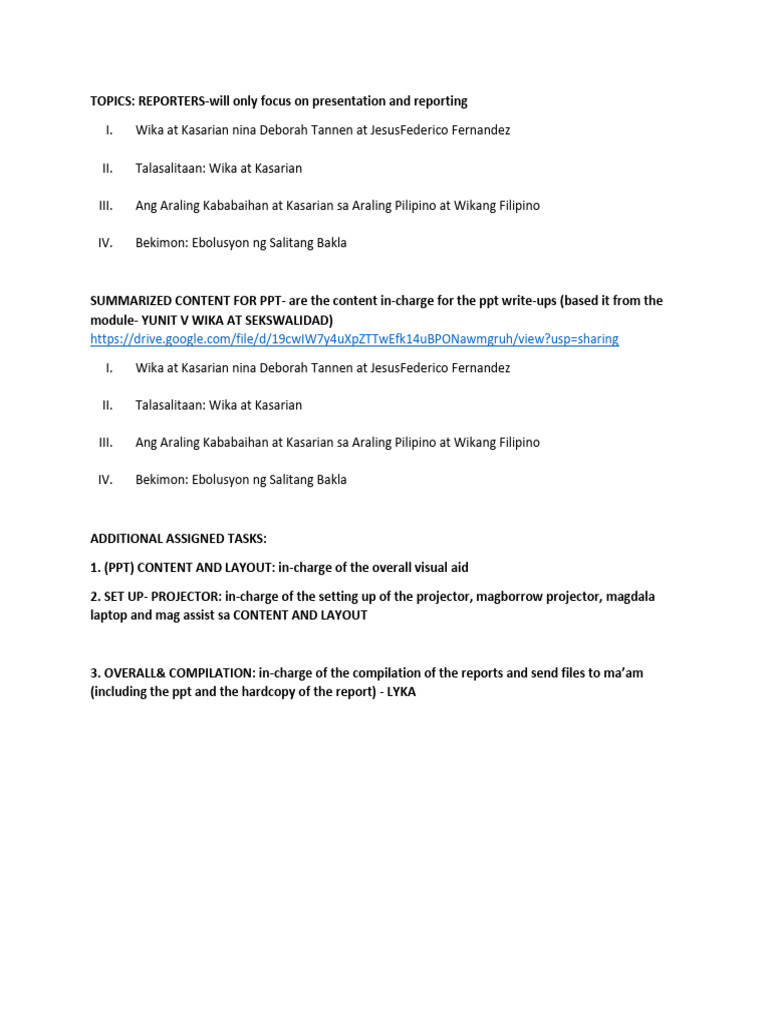 Filipino Reporting Tasks | PDF