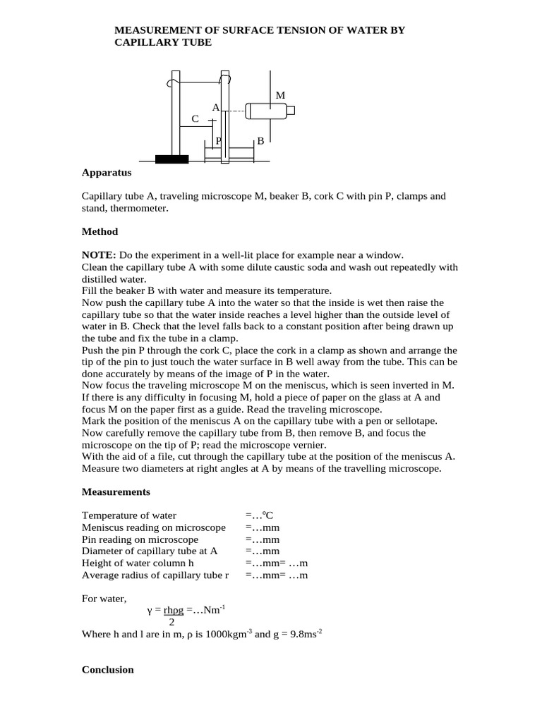 Measurement of Surface Tension of Water by Capillary Tube | PDF ...