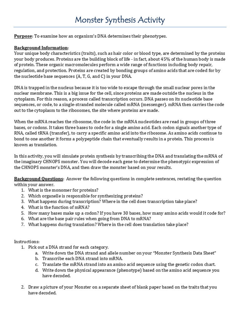 Monster Synthesis Activity | PDF | Translation (Biology) | Ribosome