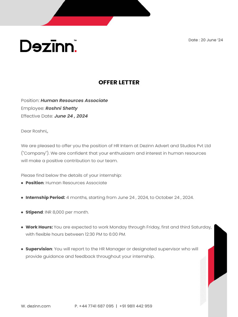 Roshni HR Associate - Offer Letter (Dezinn) | PDF | Human Resources ...