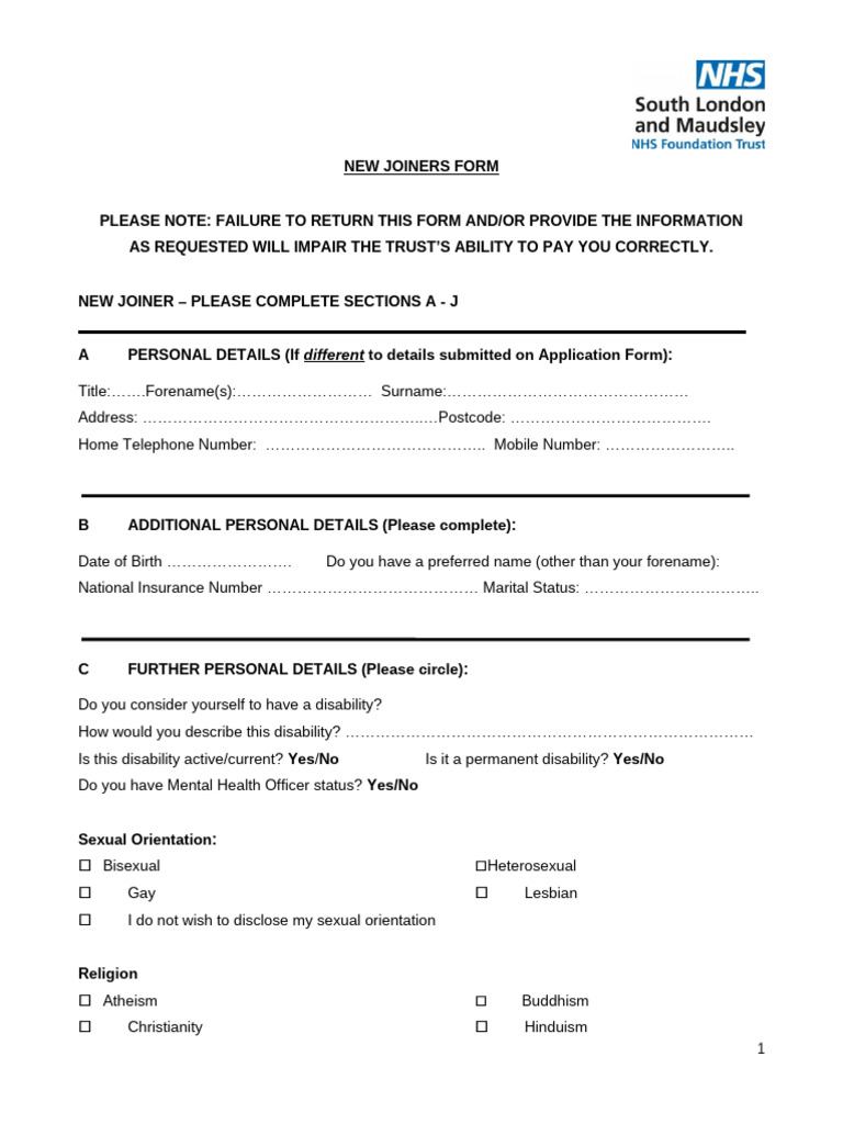 New Joiners Form - SLaM Nov 2021 | PDF | Pension | Employment