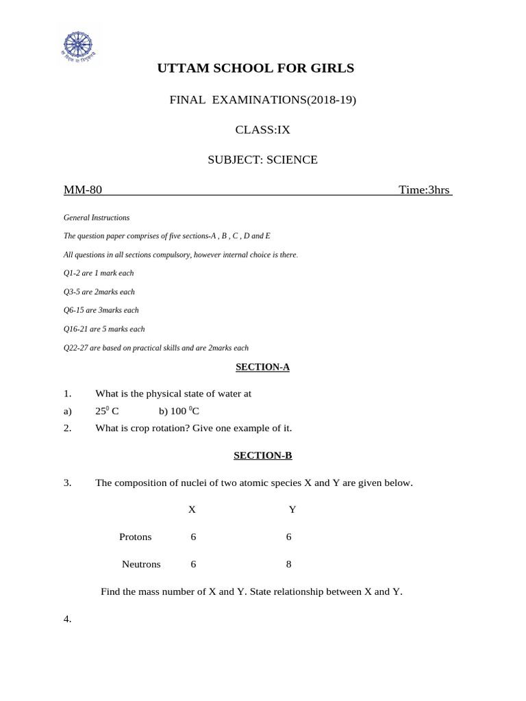 Grade IX Final Science Paper 1 | PDF | Neutron | Atoms