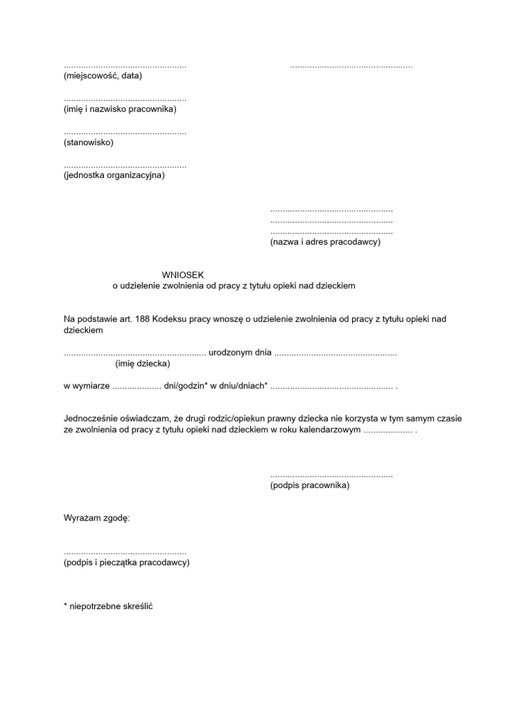 Wniosek o Opieke Nad Dzieckiem 2025 | PDF