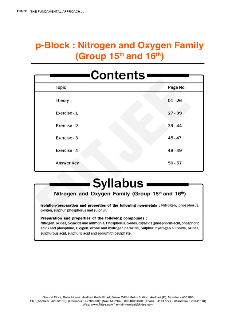 P-Block: Nitrogen and Oxygen Family (Group 15 and 16) : TH TH | PDF ...