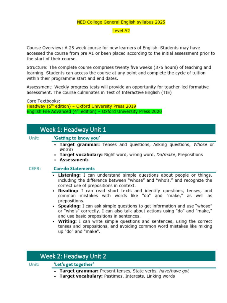 Pre-Intermediate A2 Syllabus 2025 - V1 | PDF | English Language | Phrase