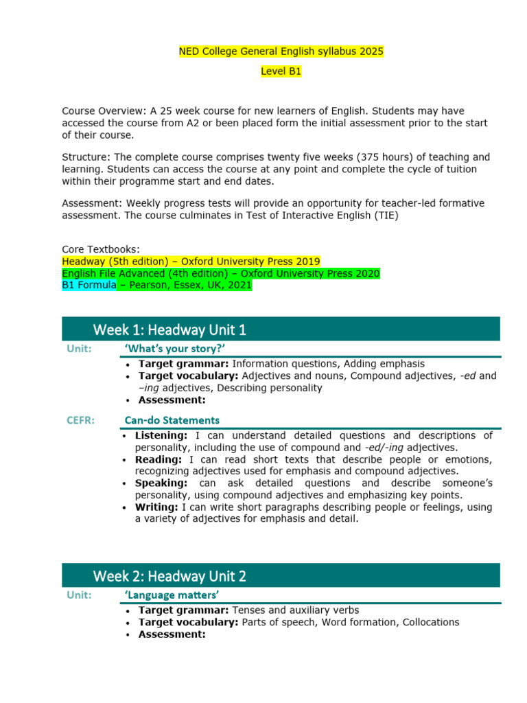 Intermediate B1 Syllabus 2025 - V1 | PDF | Pronoun | English Language
