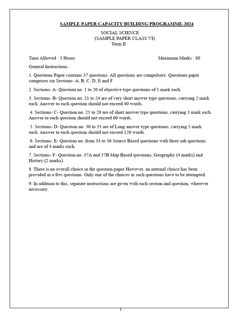 Class VI Social Science Sample Paper 2024 | PDF | Weather | Vedas
