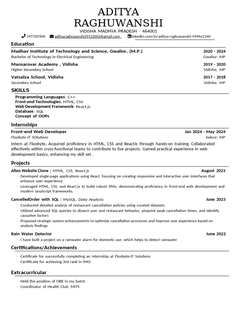 Aditya Raghuwanshi Resume | PDF | Web Development | Data Management