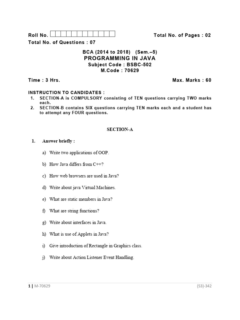 Java Programming Exam Paper BCA Sem-5 | PDF