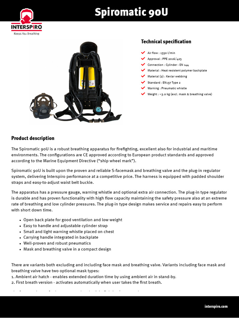 Spiromatic 90U - SCBA - Firefighting | PDF | Respiration | Manufactured Goods