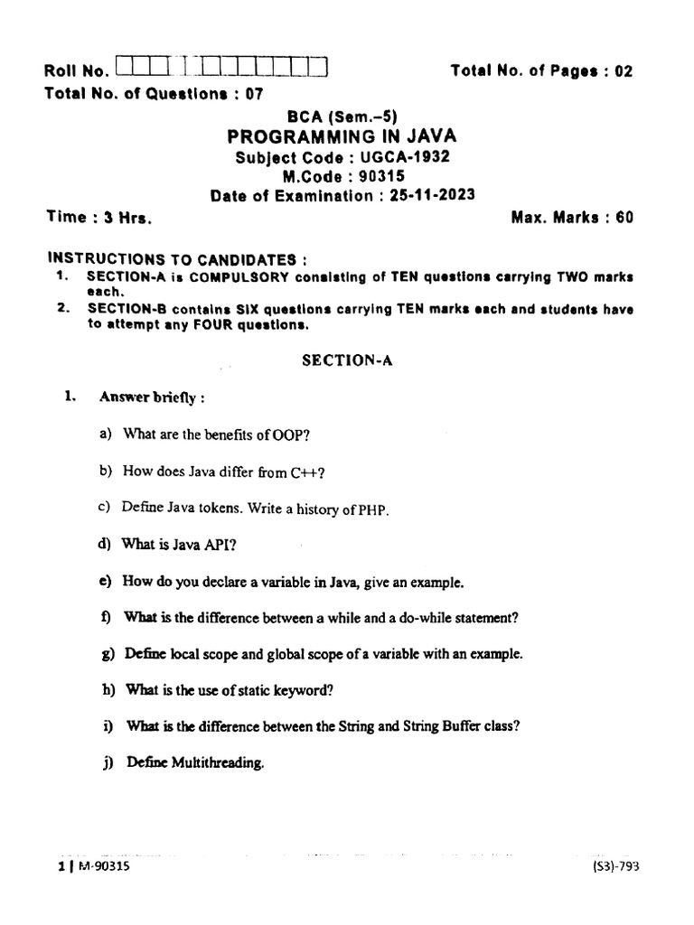 Bca 5 Sem Programming in Java 90315 Nov 2023 | PDF