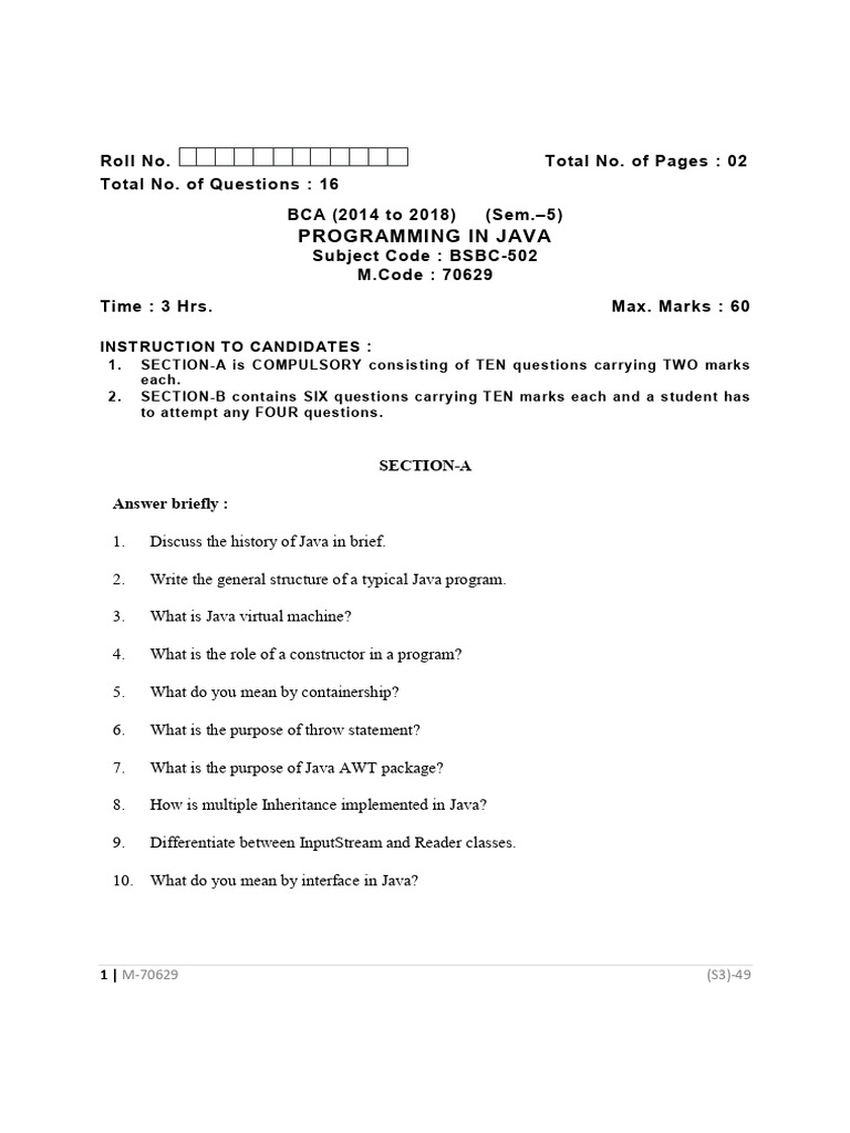 Bca 5 Sem Programming In Java 70629 Jan 2021 Pdf Java Programming