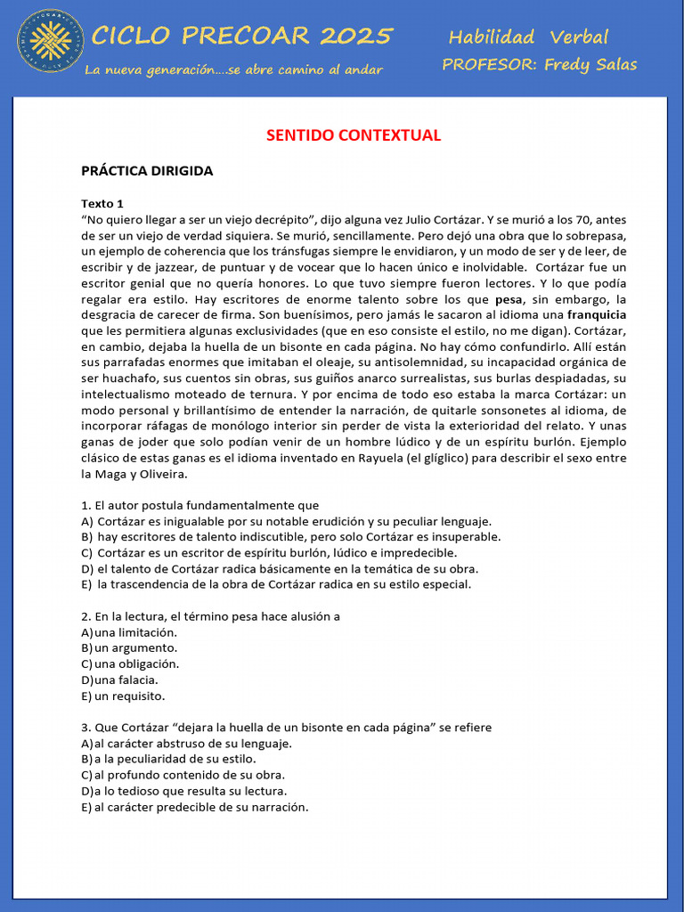 Sentido Contextual. PRÁCTICA DIRIGIDA 2. | PDF