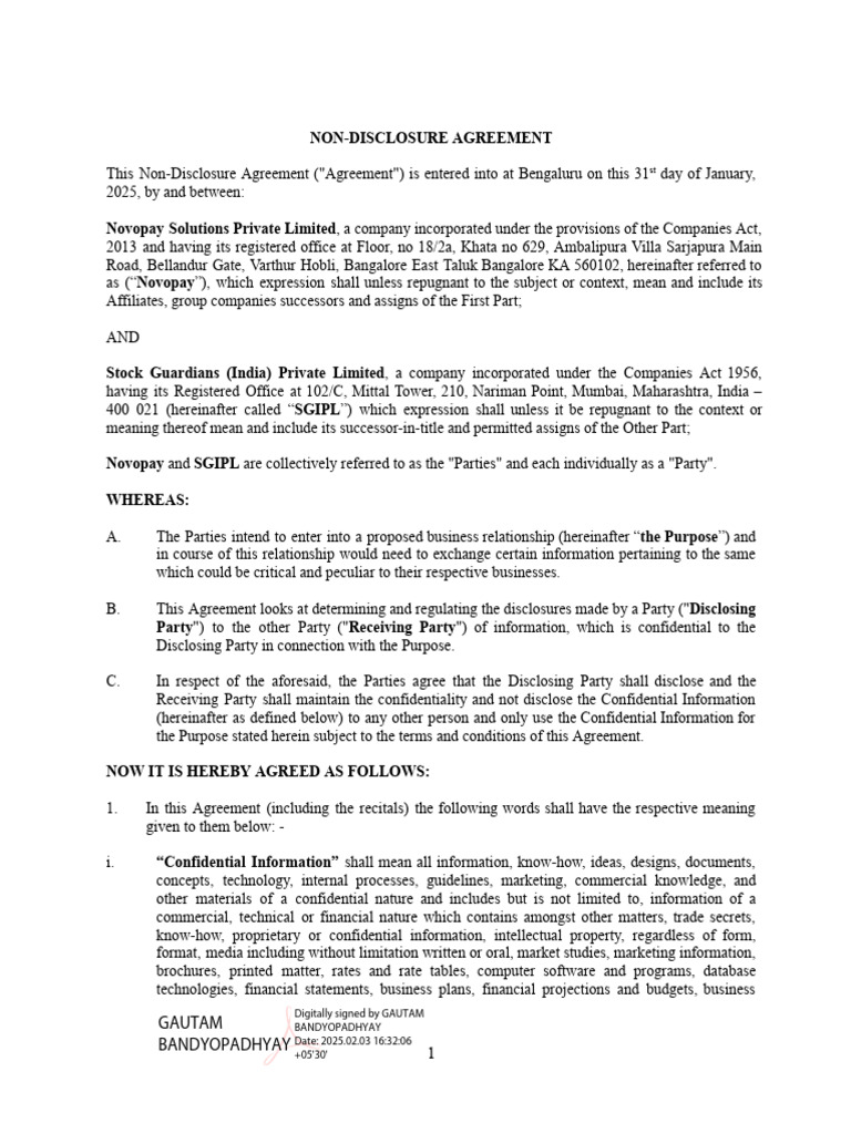 Novopay SG NDA Clean LA 31jan25 | PDF | Discovery (Law) | Non ...