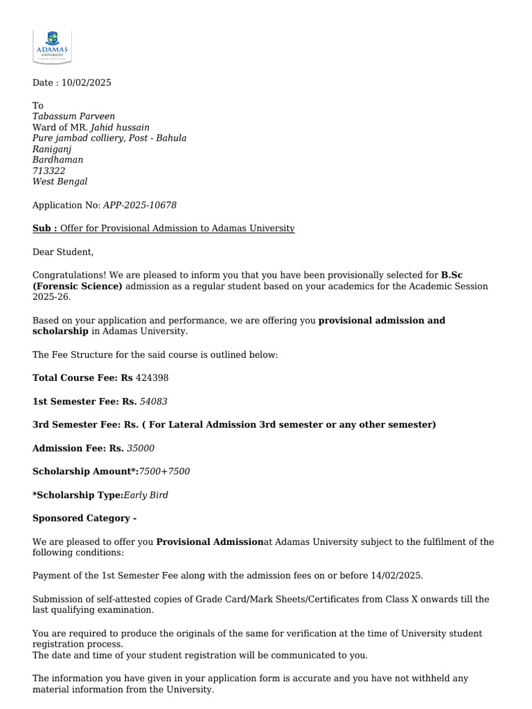 Tabassum Offer Letter APP-2025-10678 | PDF