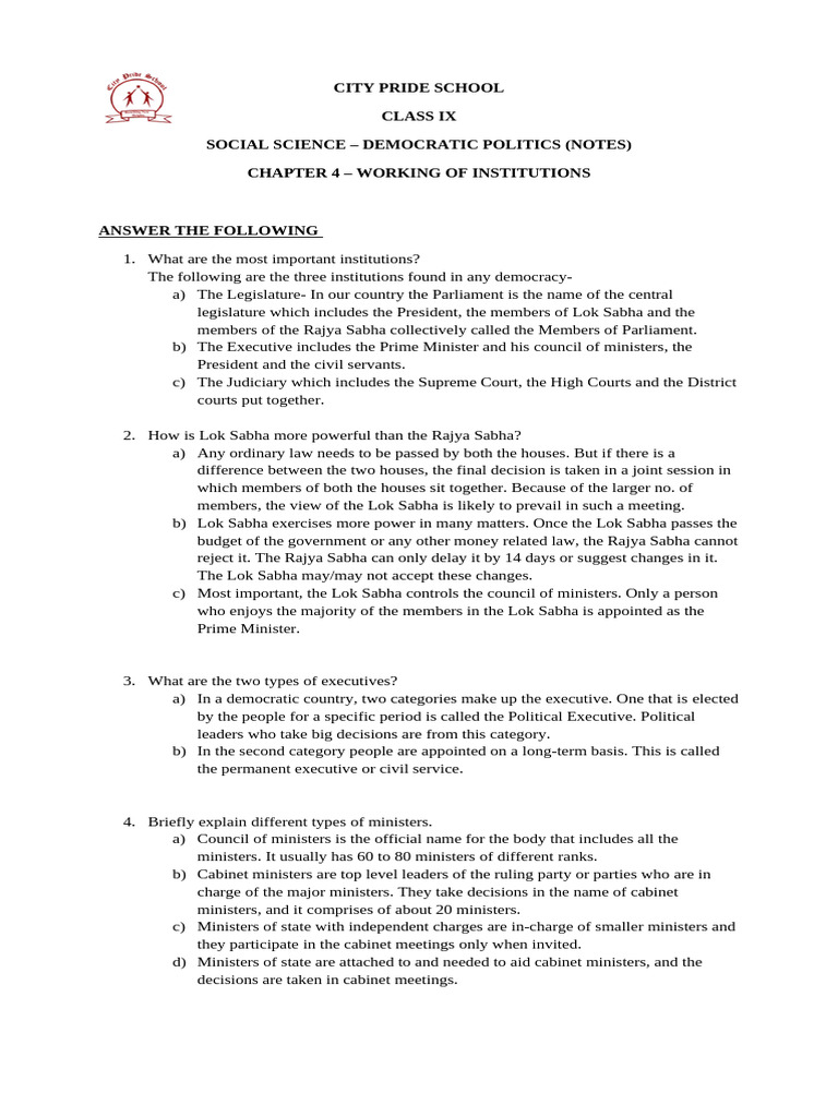 Class IX Notes: Working of Institutions | PDF | Cabinet (Government ...