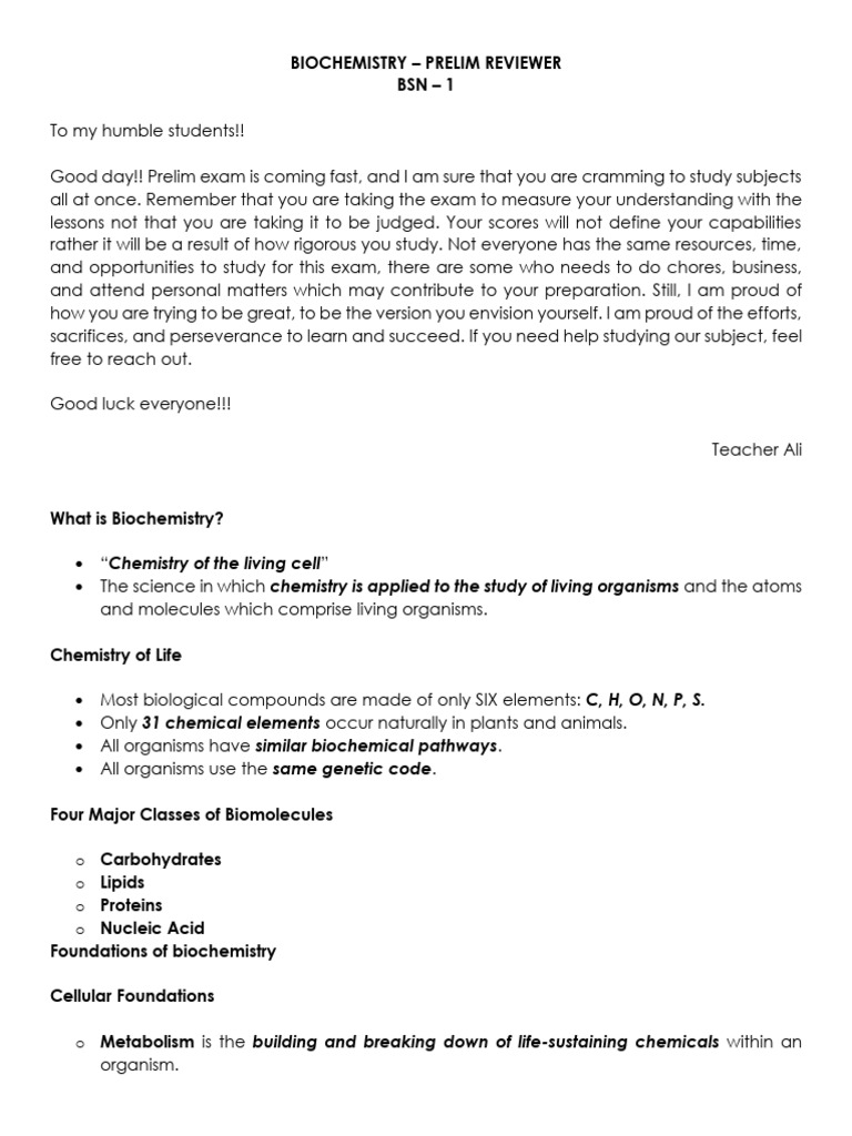 Biochemistry Prelim Guide for BSN-1 | PDF | Cell (Biology) | Cell Membrane