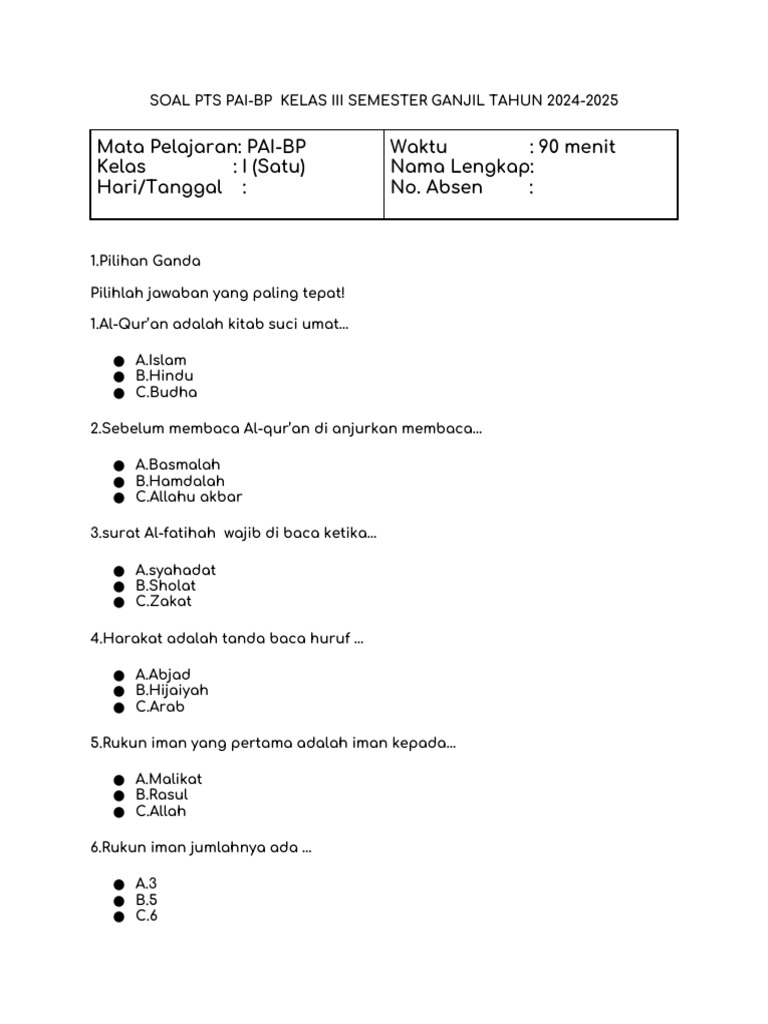 Soal PTS PAI-BP Kelas 3 Semester 1 | PDF