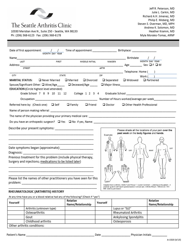 Seattle Arthritis Patient History Form | PDF | Arthritis | Edema