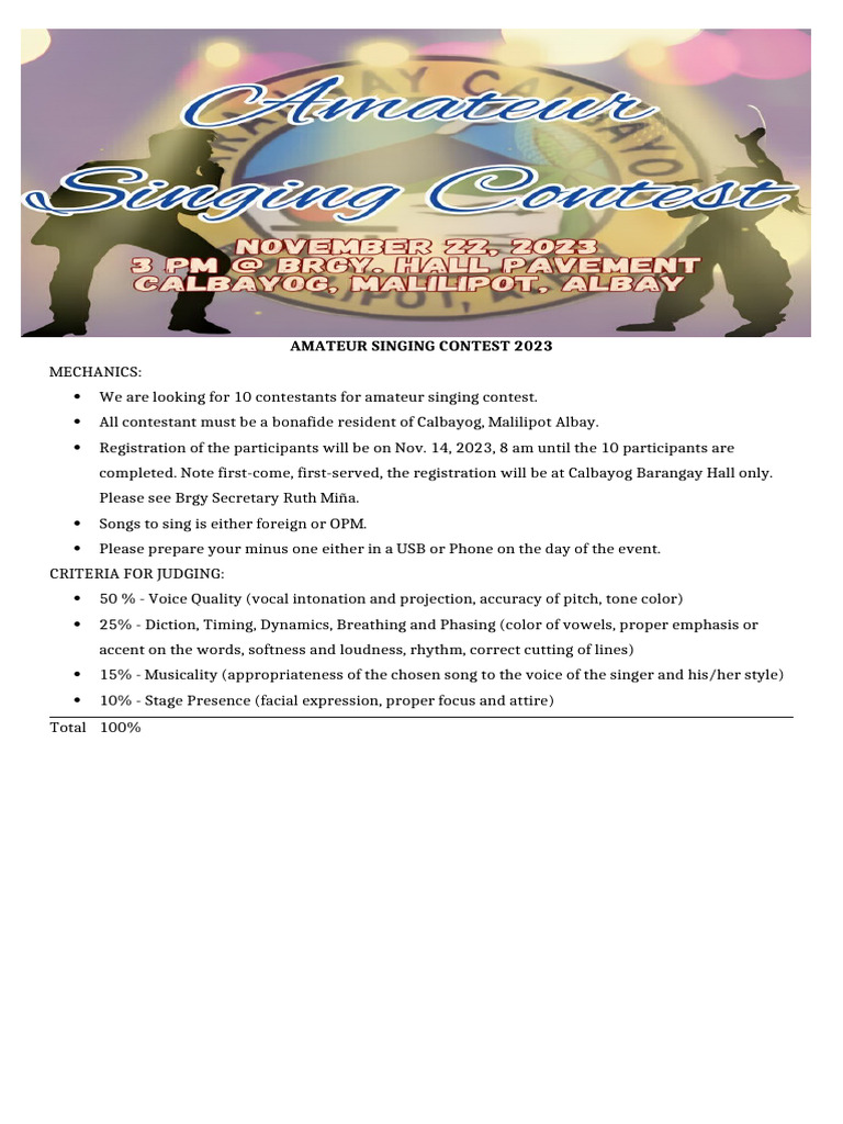 Amateur Singing Contest 2023 Tabulation Sheet | PDF