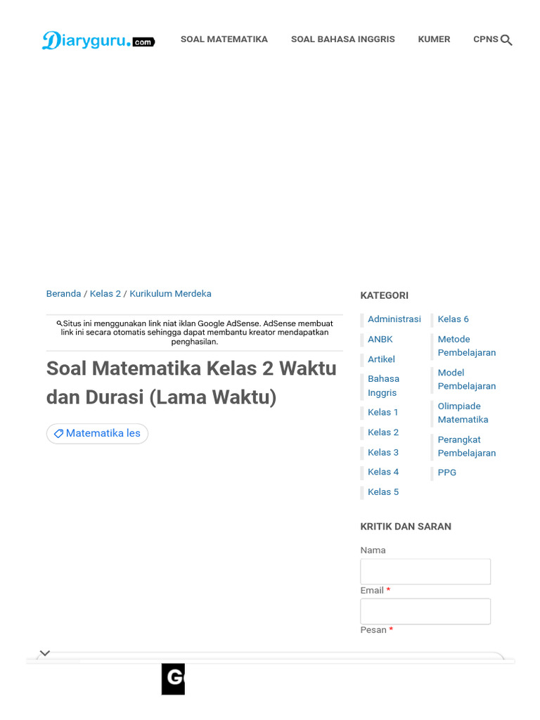 Soal Matematika Kelas 2 Waktu Dan Durasi (Lama Waktu) - Diary Guru | PDF