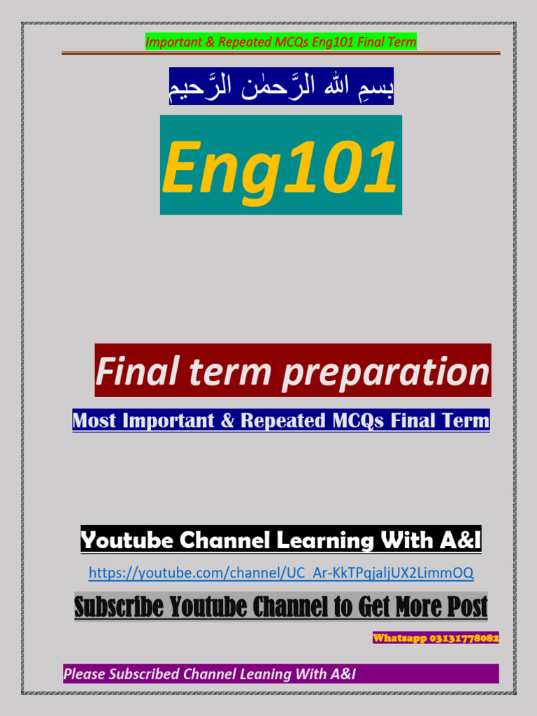Eng101 Final Term MCQs Guide | PDF | Adjective | Grammar