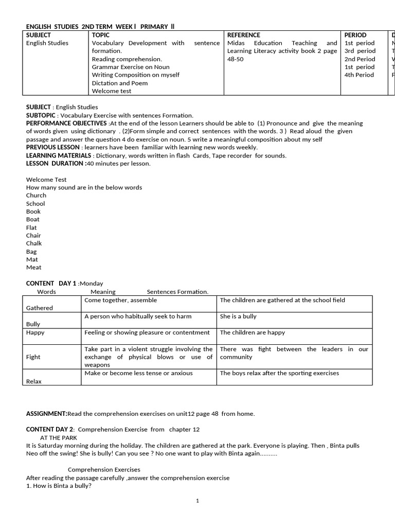 Pry 2 2nd Term Week 1 | PDF | English Language | Reading Comprehension