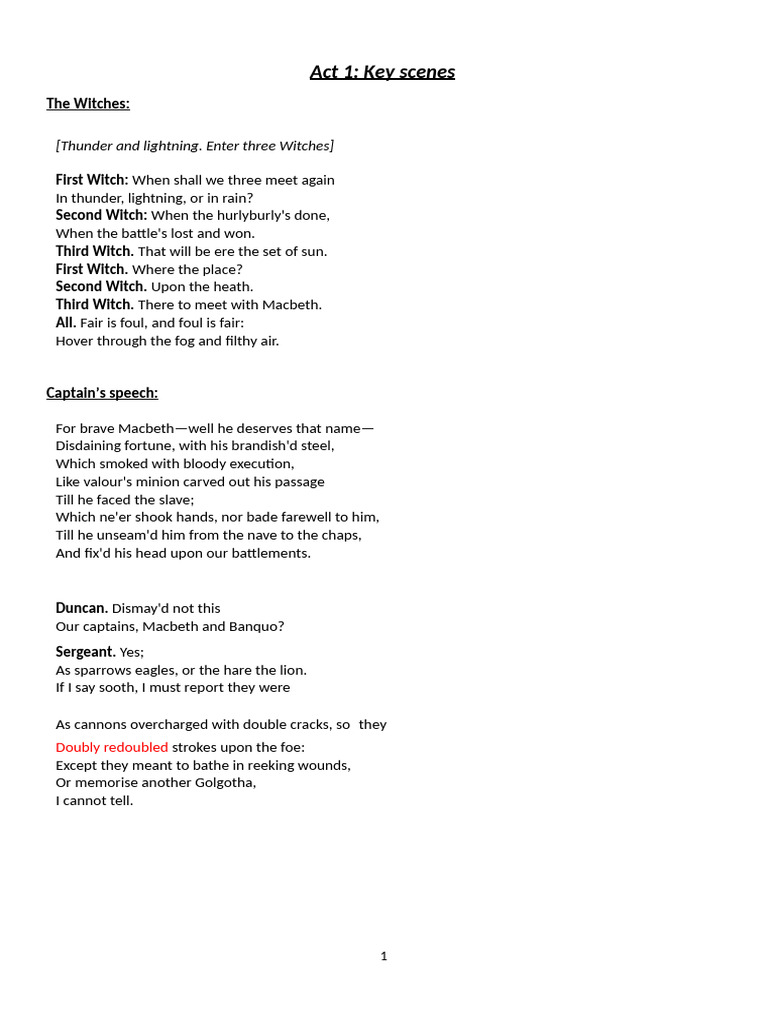 Act 1 Key Scenes For Notes | PDF | Macbeth | Shakespearean Tragedies