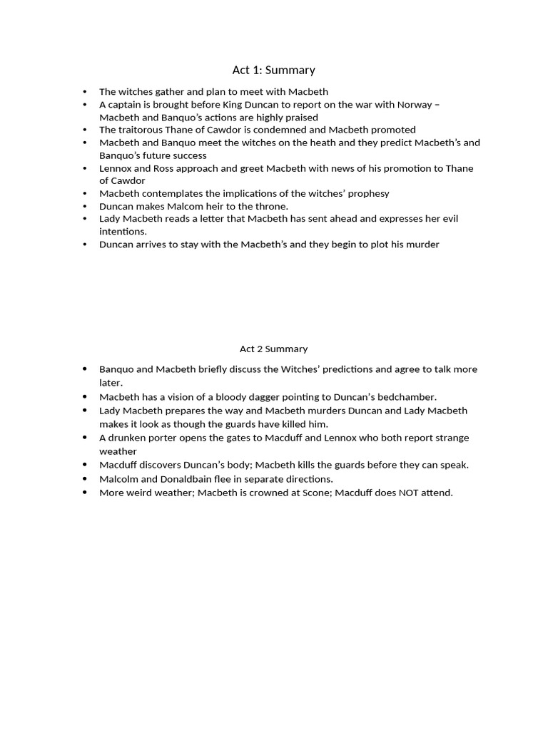 Scene Summaries | PDF | Macbeth | Shakespearean Tragedies