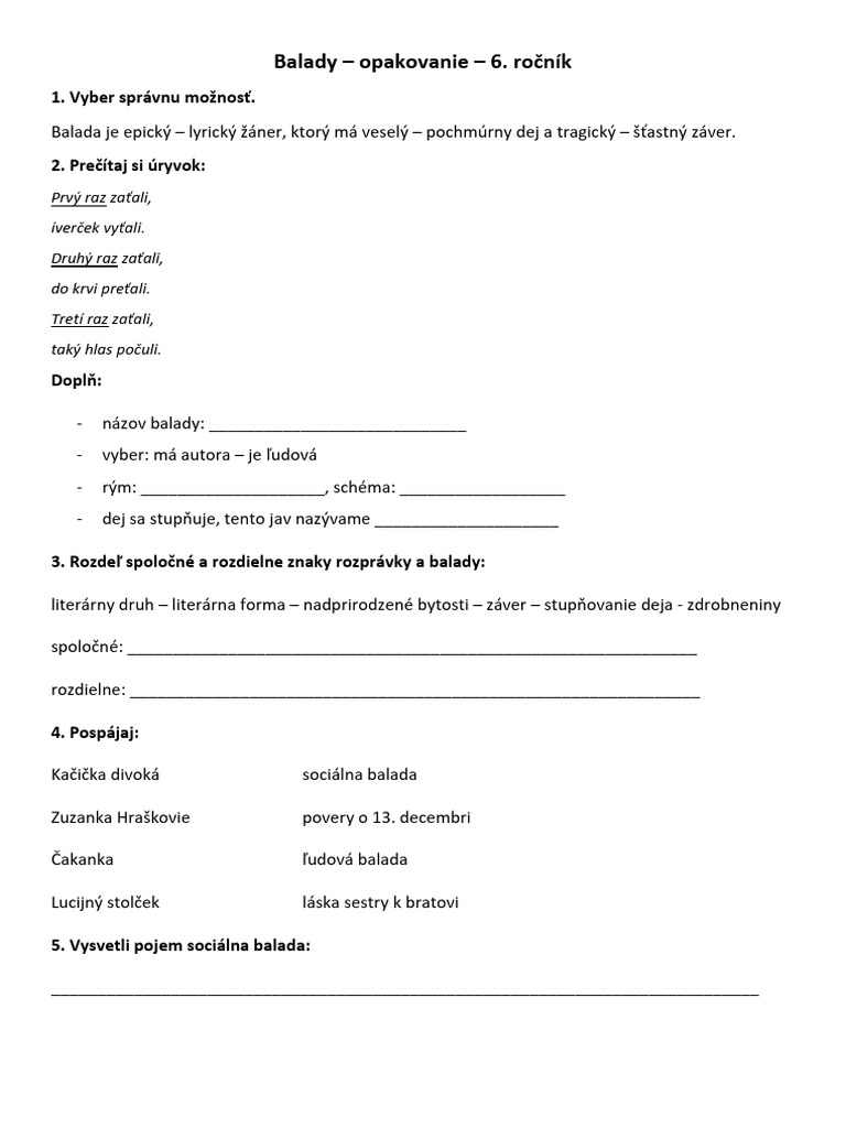 SJL Balady - opakovanie - 6. rocnik | PDF