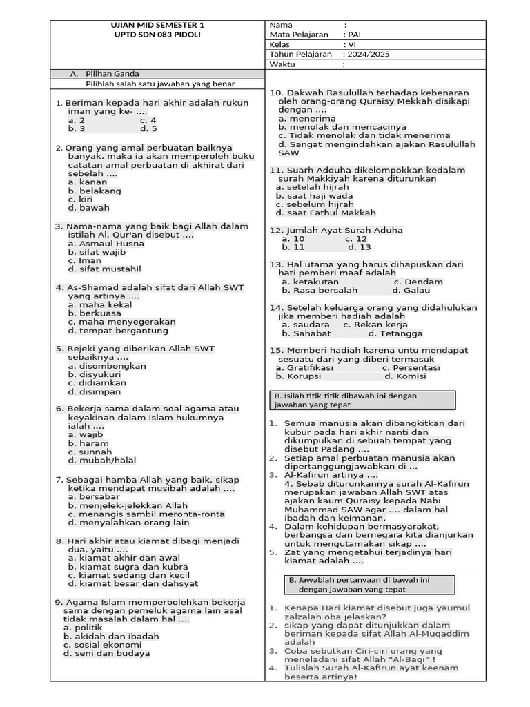 soal ujian Mid Semester kls VI PAI | PDF