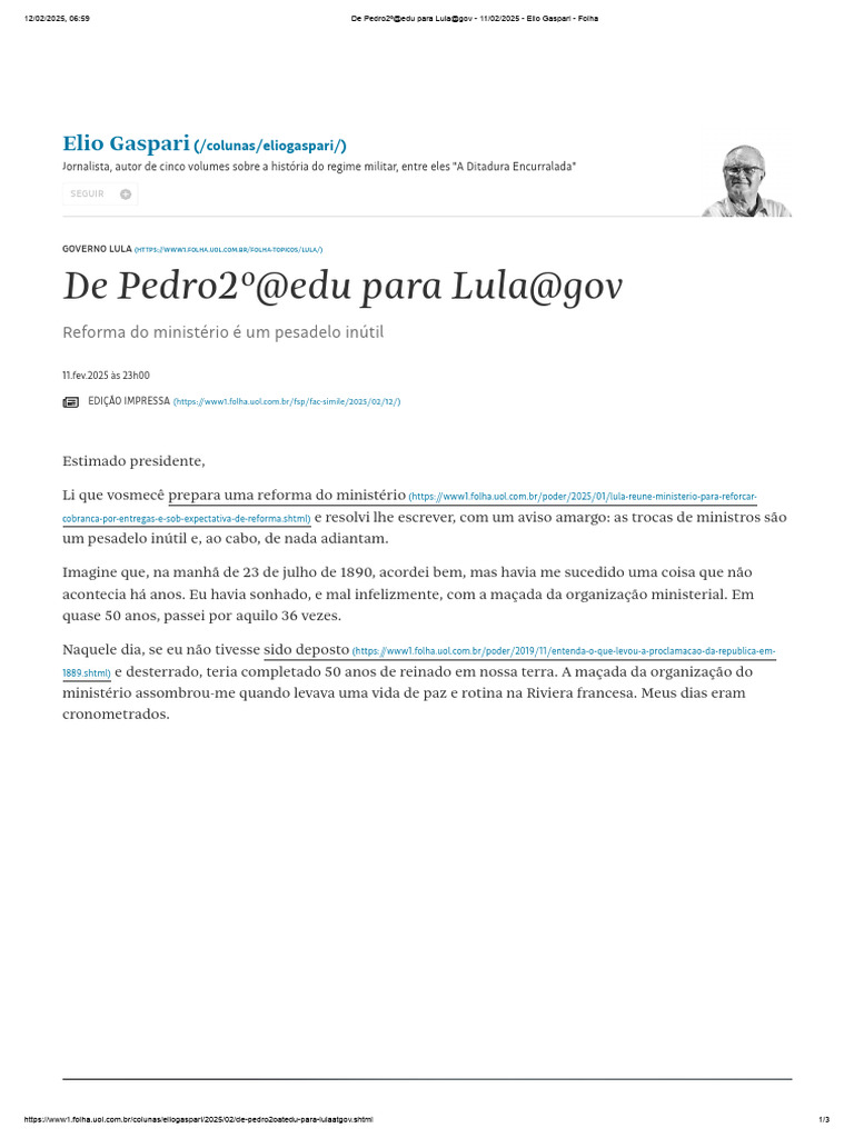 De Pedro2º@edu para Lula@gov - 11 - 02 - 2025 - Elio Gaspari - Folha ...