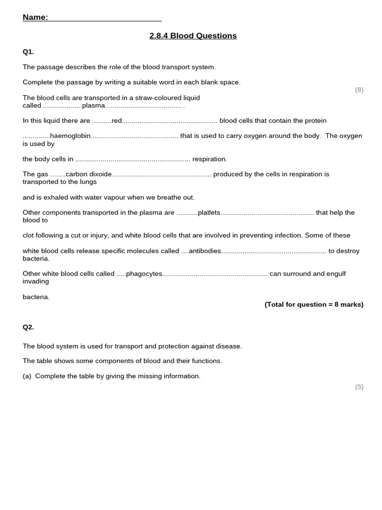 2.8.4 Blood questions | PDF | Blood | Blood Plasma