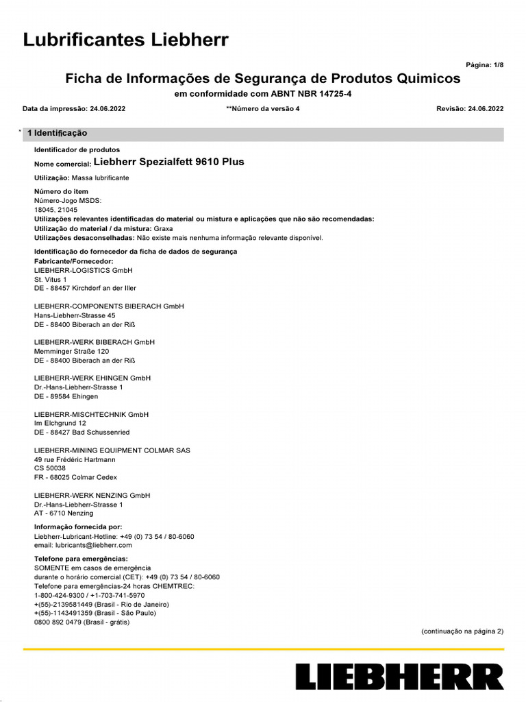 Graxa Liebherr Spezialfett 9610 Plus | PDF | Desperdício | Química