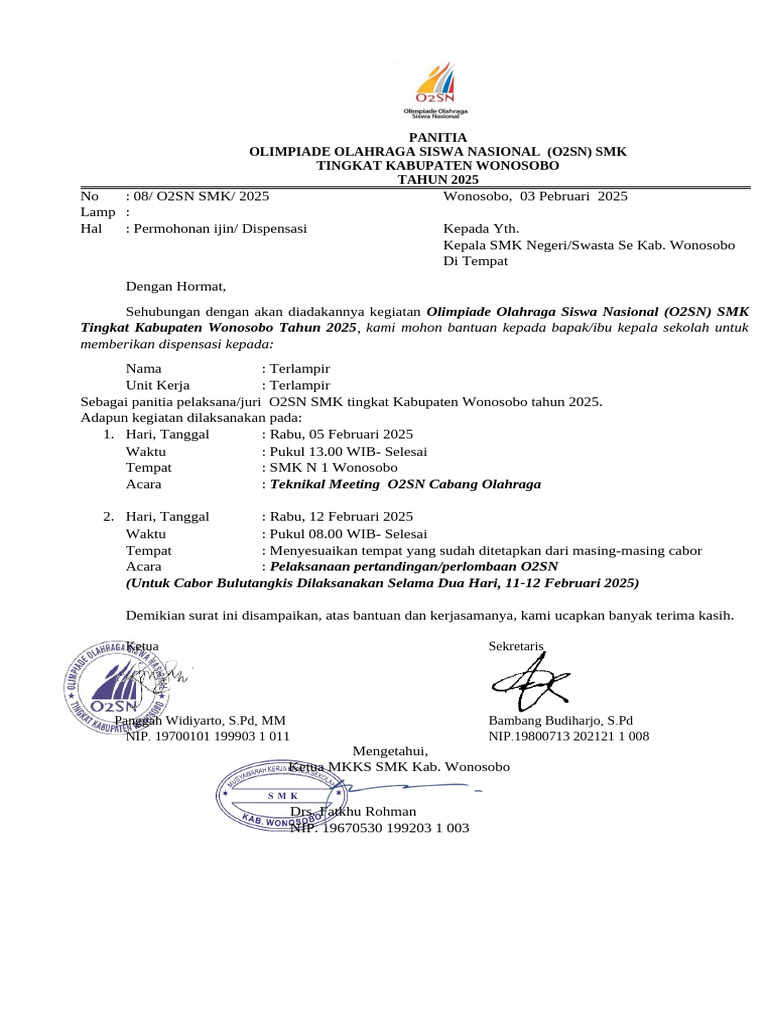 Surat Dispen Panitia O2sn 2025 | PDF