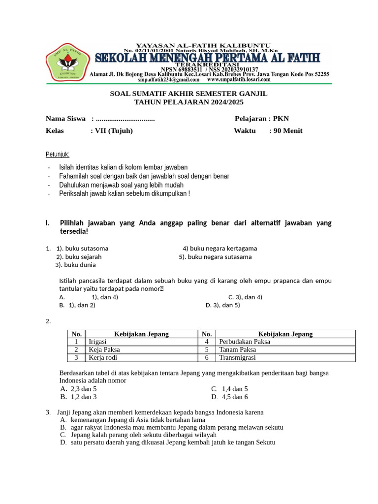 Soal Sumatif Akhir Semester Ganjil PKN Kelas 7 2024 | PDF