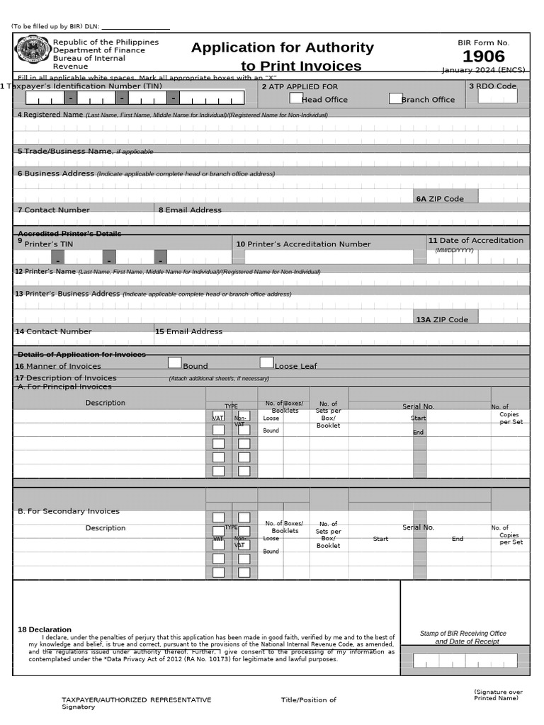 BIR Form 1906: Invoice Printing Application | PDF | Invoice