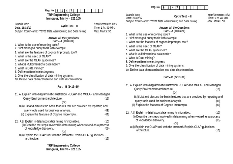 Datawarehousing CT2 - Set 1 | PDF | Information Management | Computing