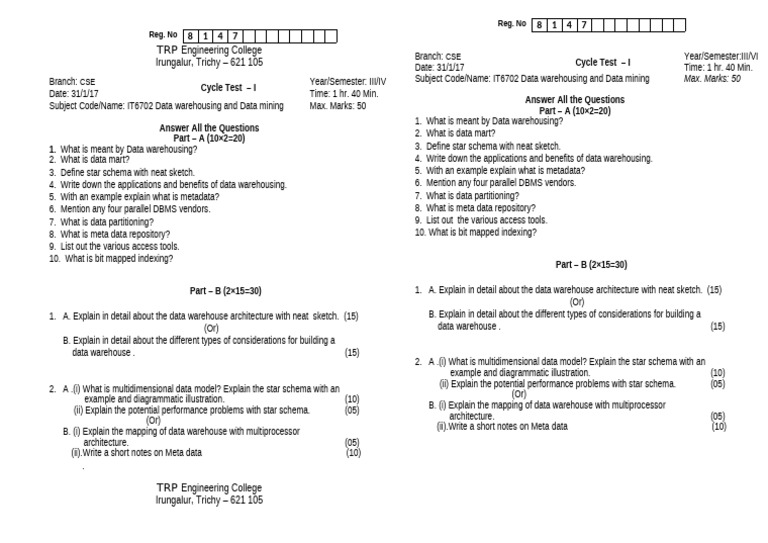 Datawarehousing CT1 - Set 1 | PDF | Data Warehouse | Metadata