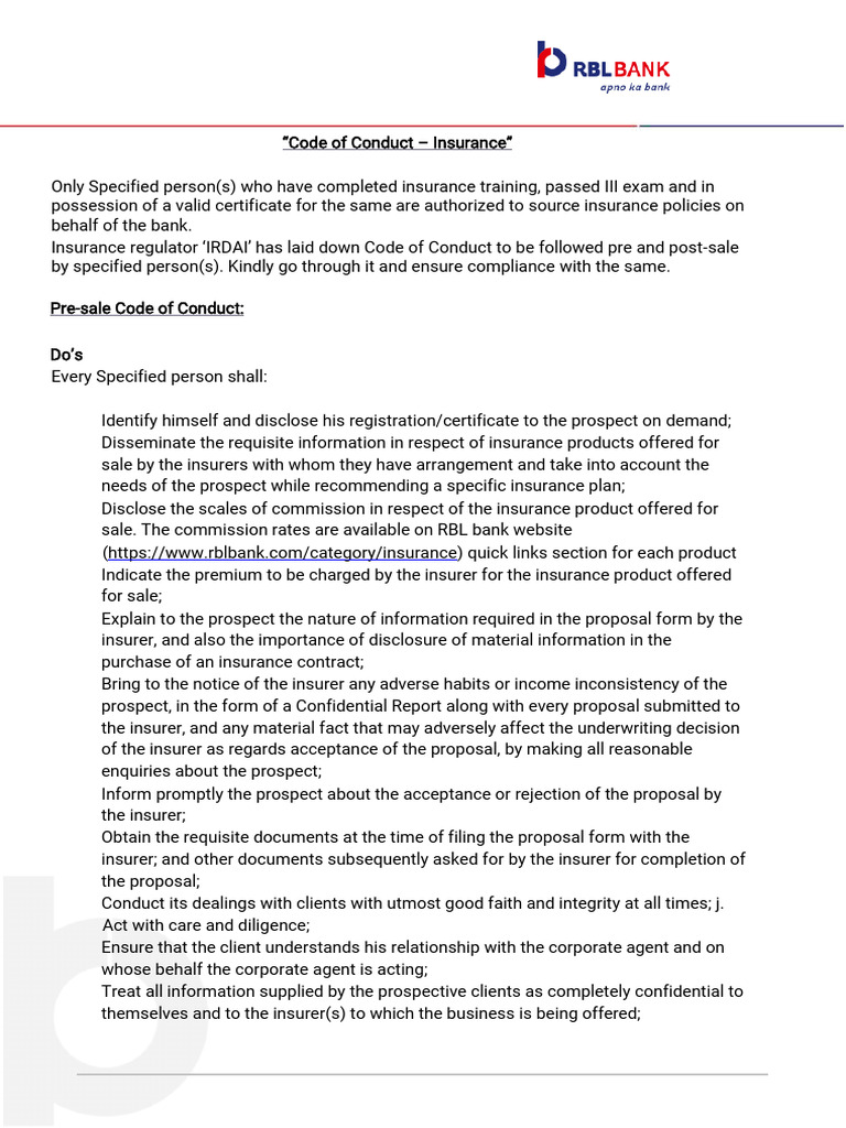 Code of Conduct Insurance | PDF | Insurance | Business Law