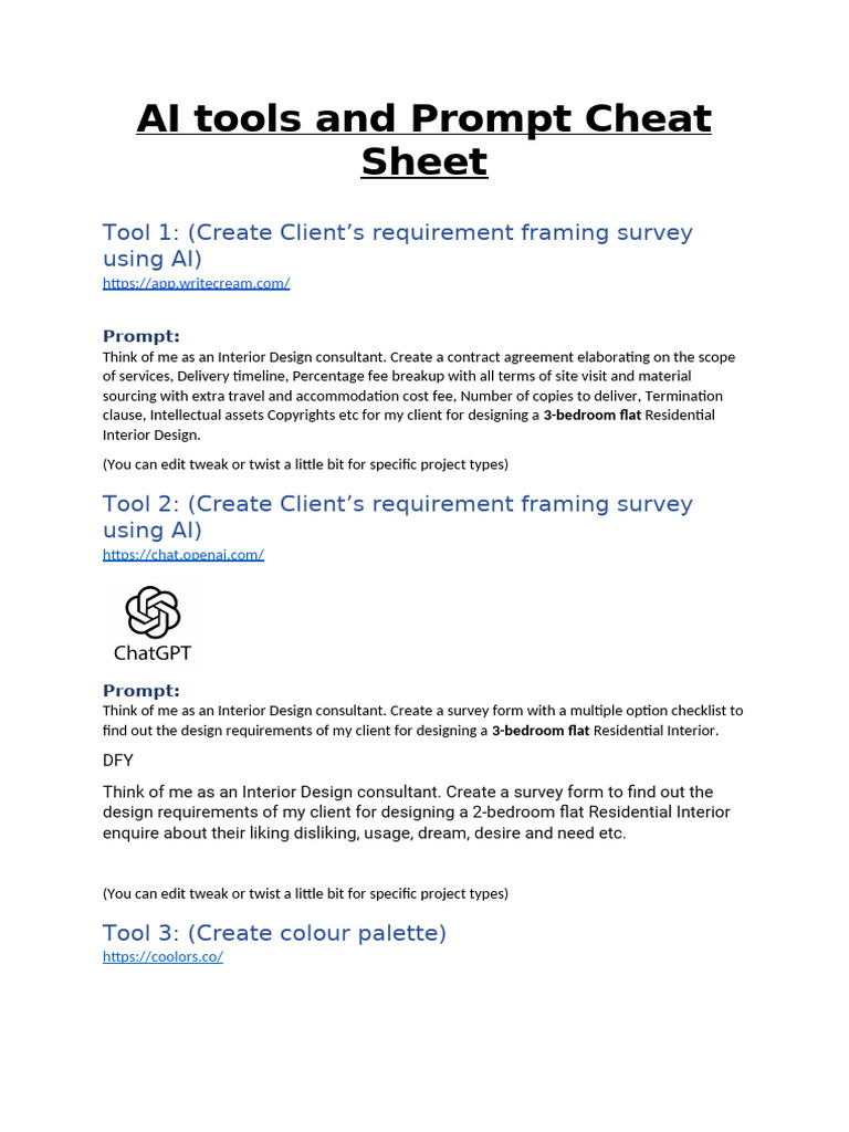 AI Prompt Cheat Sheet for Interior Design | PDF
