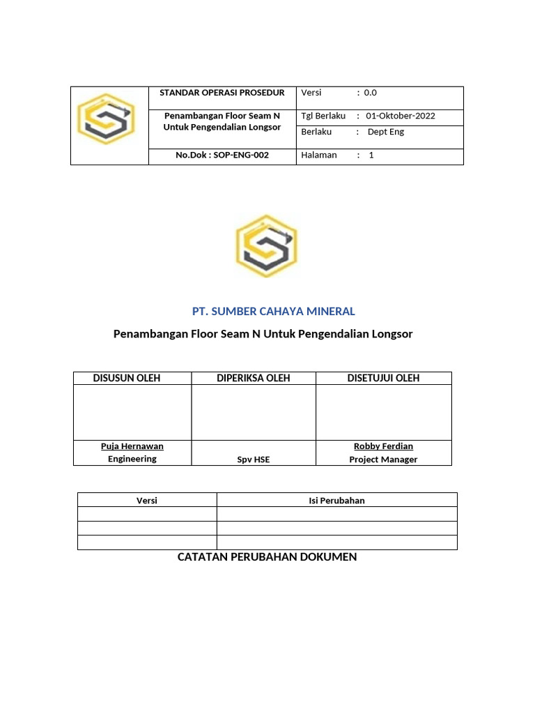 002. SOP-Penambangan floor seam N untuk pengendalian longsoran-1 | PDF