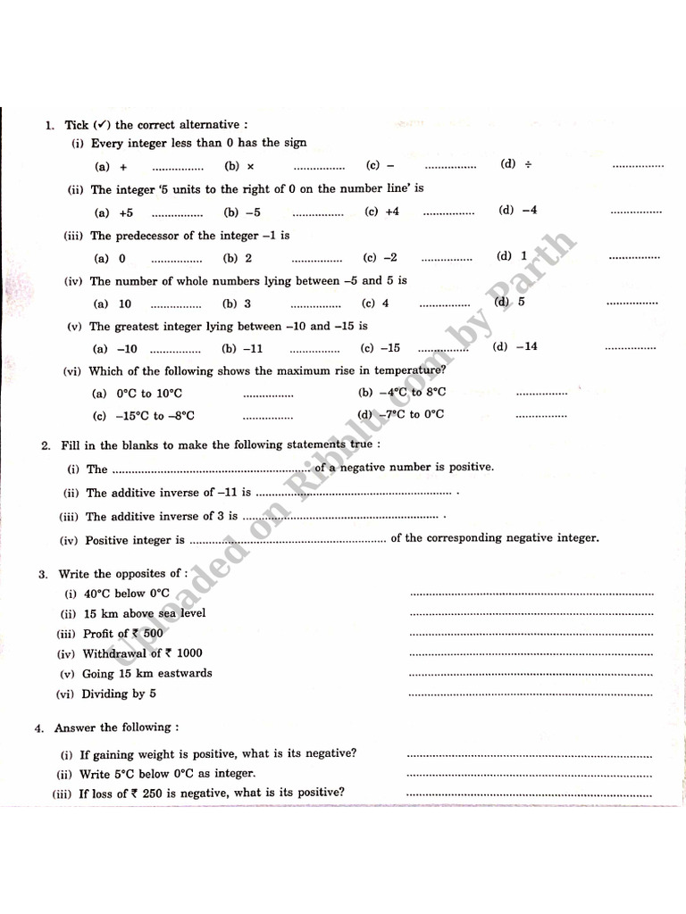 Cbse Class 6 Integers Worksheet With Answers 2 | PDF