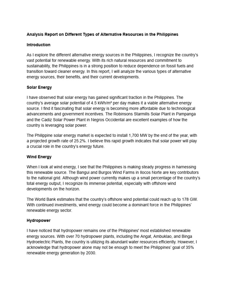 Analysis Report On Different Types of Alternative Resources in The ...