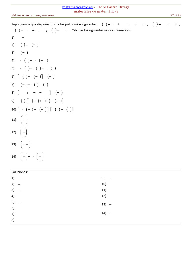 Valores Numéricos de Polinomios 2º ESO | PDF