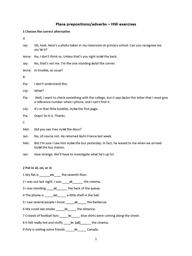 Place Prepositions - HW Key | PDF